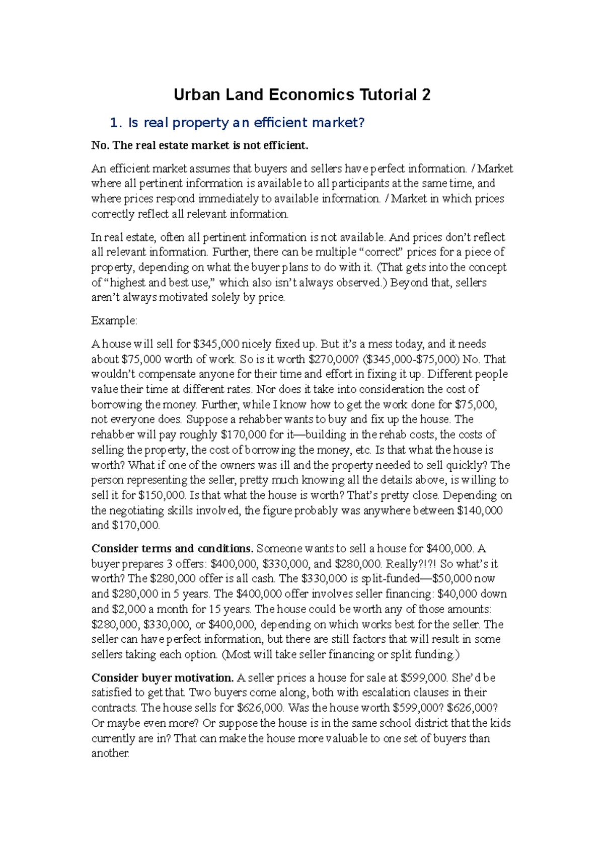 Tutorial 2 - do not refer - Urban Land Economics Tutorial 2 1. Is real ...