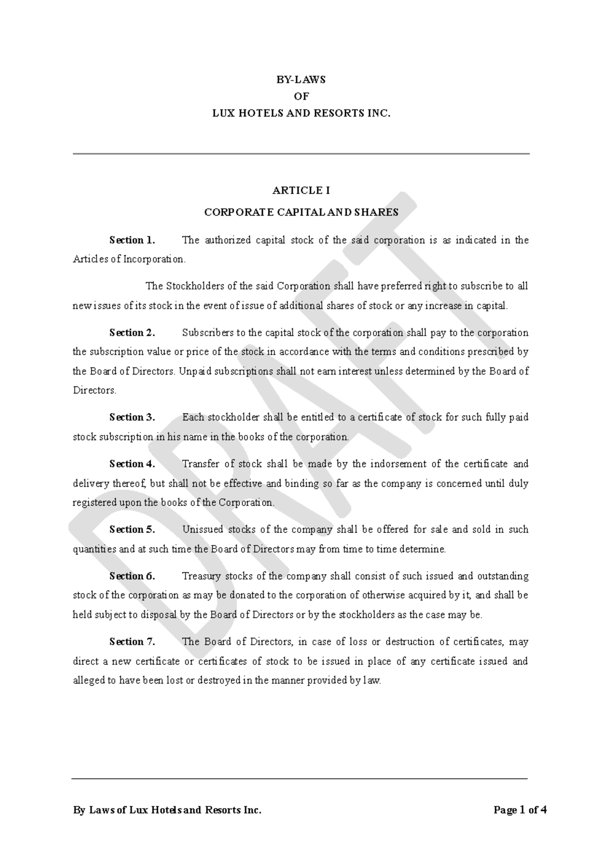 Corporate Bylaws - Sample - BY-LAWS OF LUX HOTELS AND RESORTS INC ...