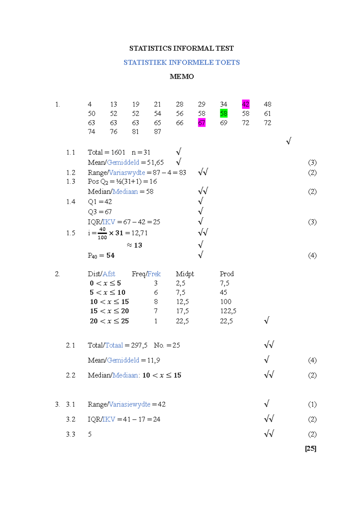 Enrichment Questions Memo Statistics - STATISTICS INFORMAL TEST ...