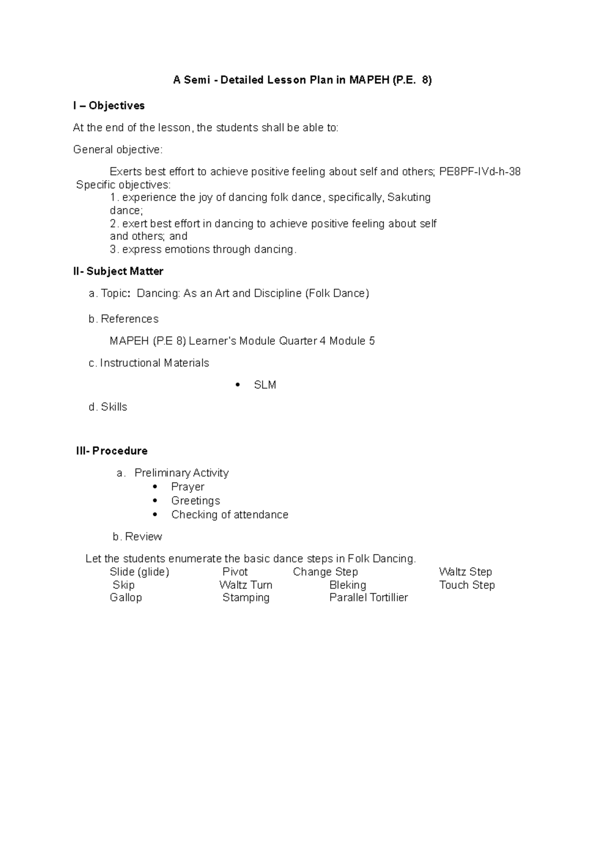 Physical Education LP A Semi Detailed Lesson Plan In MAPEH P 8 I