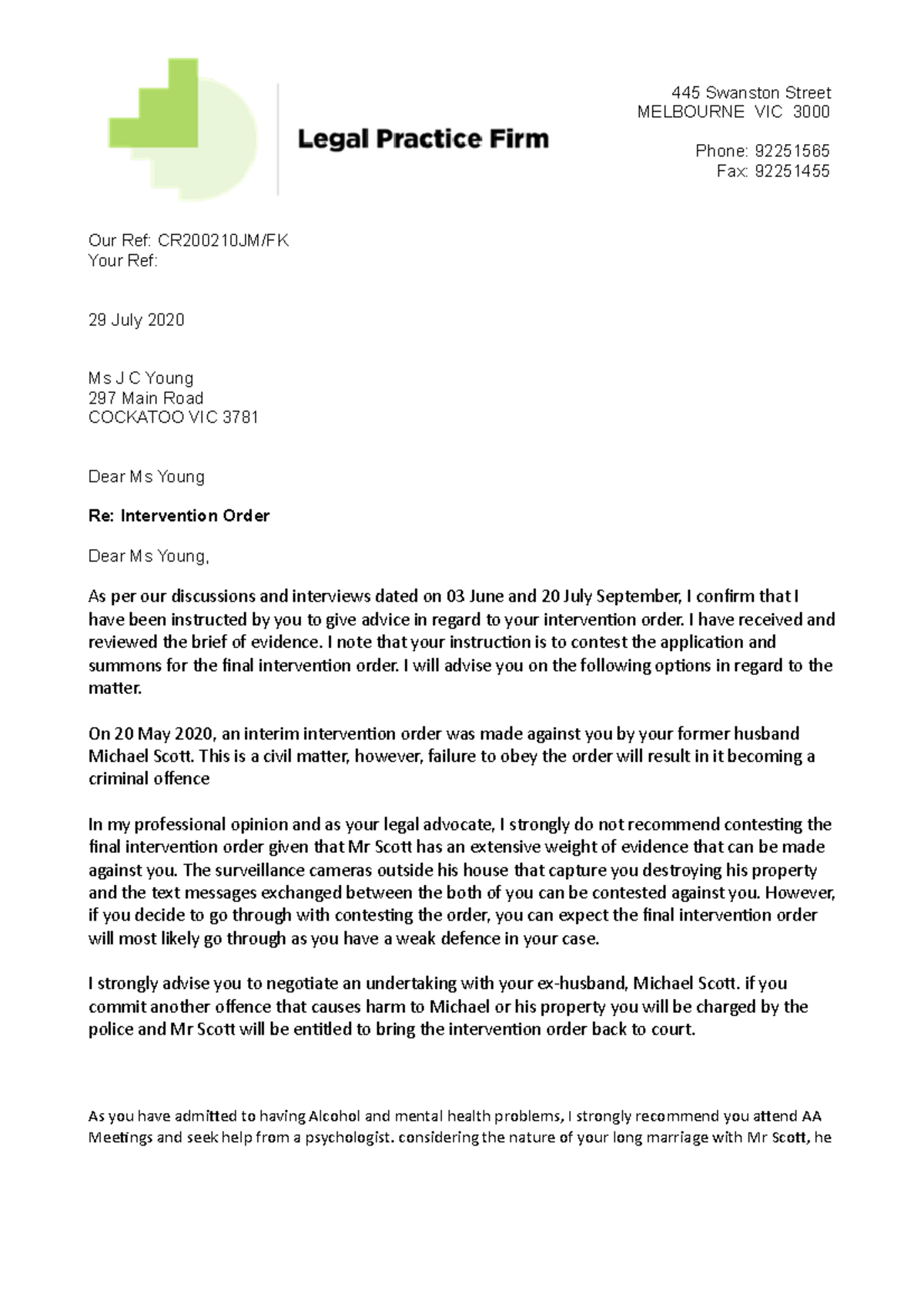 Letter to Client CR2002 10 JM:FK - 445 Swanston Street MELBOURNE VIC ...