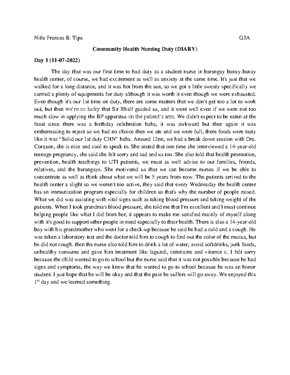 CHN 2 DUTY Diary - Niña Frances B. Tipa G3A Community Health Nursing ...