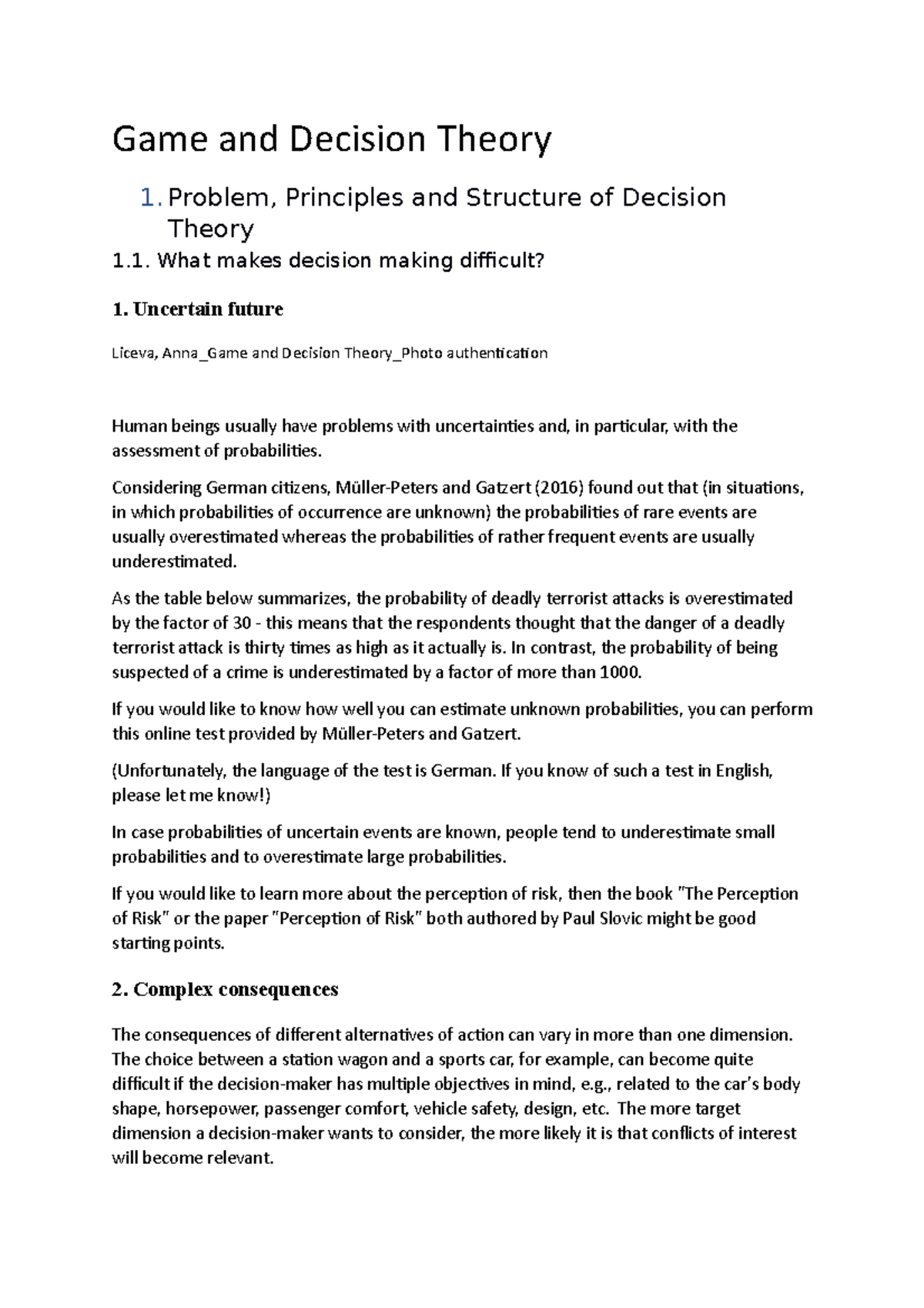 Game and Decision Theory Summary - Game and Decision Theory 1. Problem ...