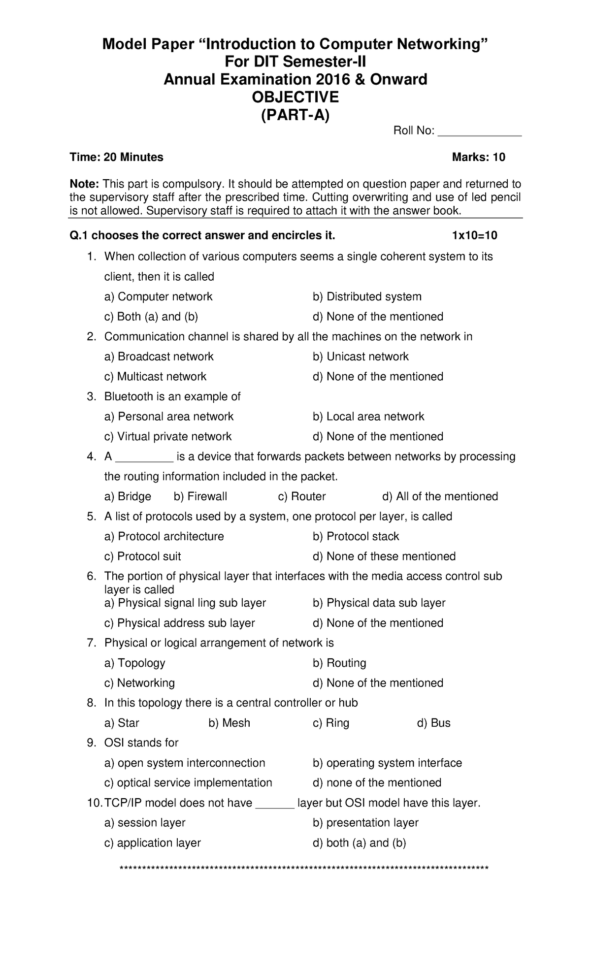 Introduction to Computer Networking - Model Paper “Introduction to ...