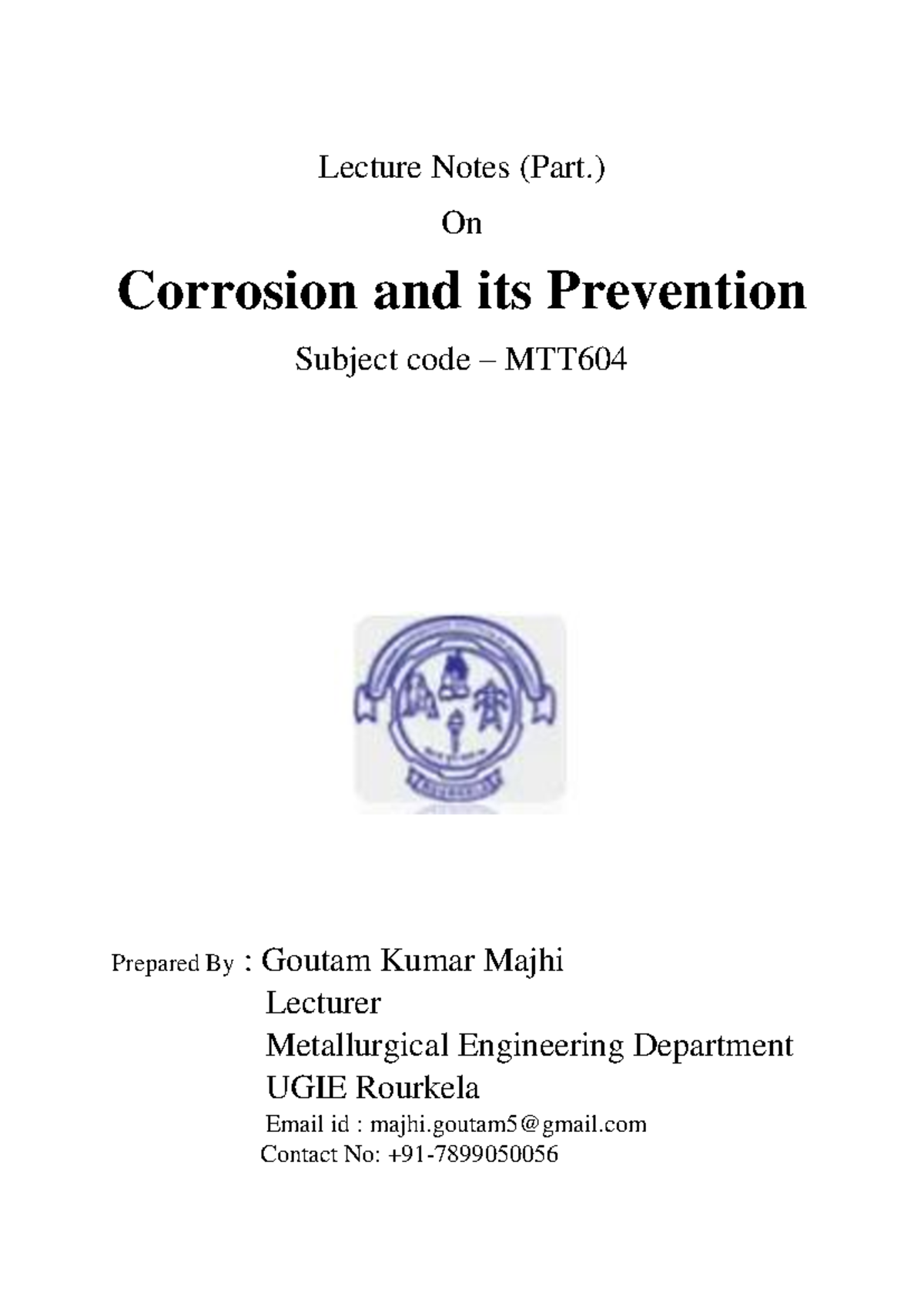 Lect notes corrosion 1588306741 - Lecture Notes (Part.) On Corrosion ...