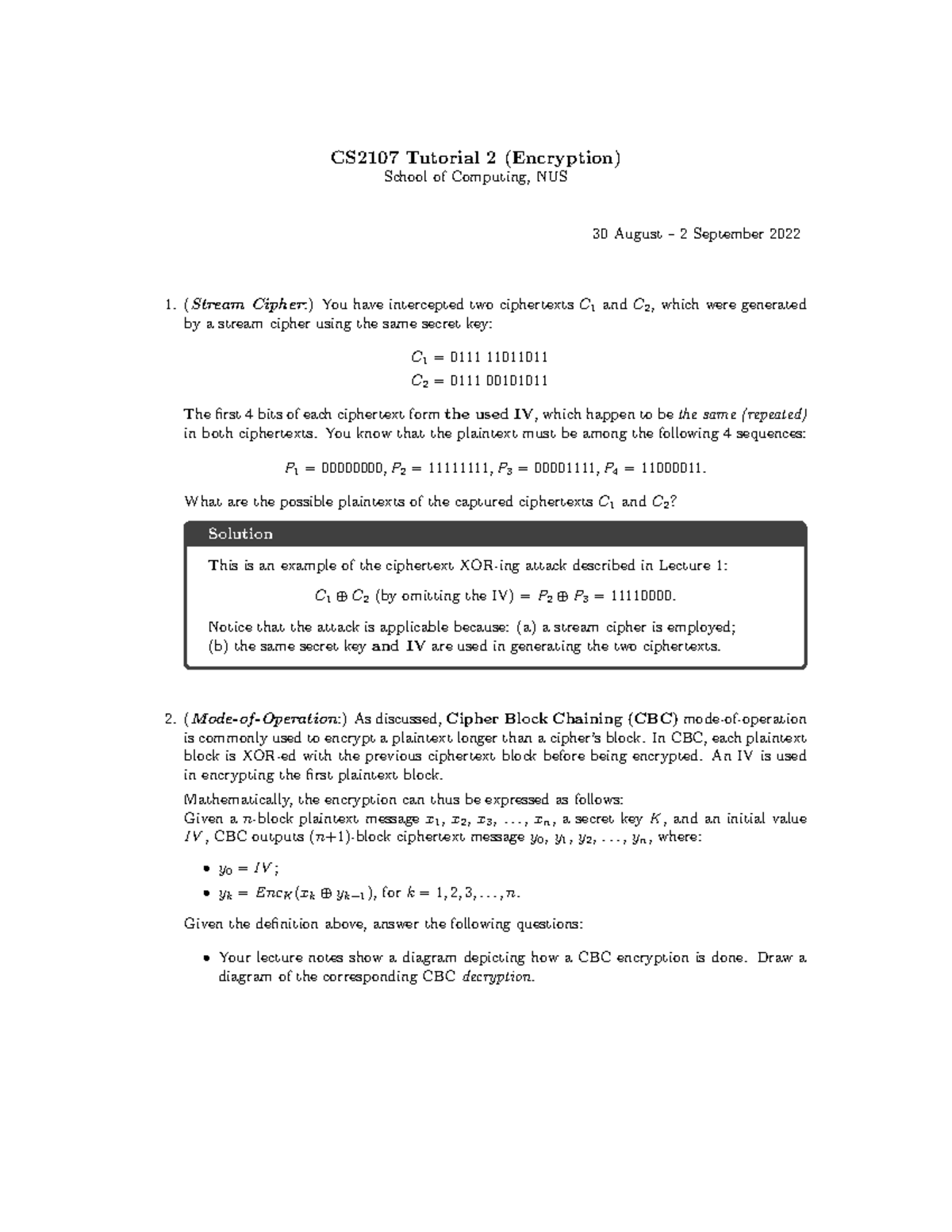 CS2107 Tutorial 2 Answers - CS2107 Tutorial 2 (Encryption) School of Computing, NUS 30 August ...