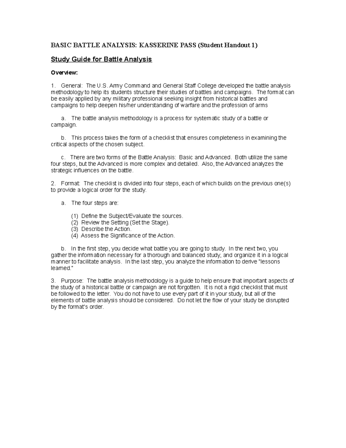 CSI BM Battle Analysis Handout 1 - BASIC BATTLE ANALYSIS: KASSERINE ...