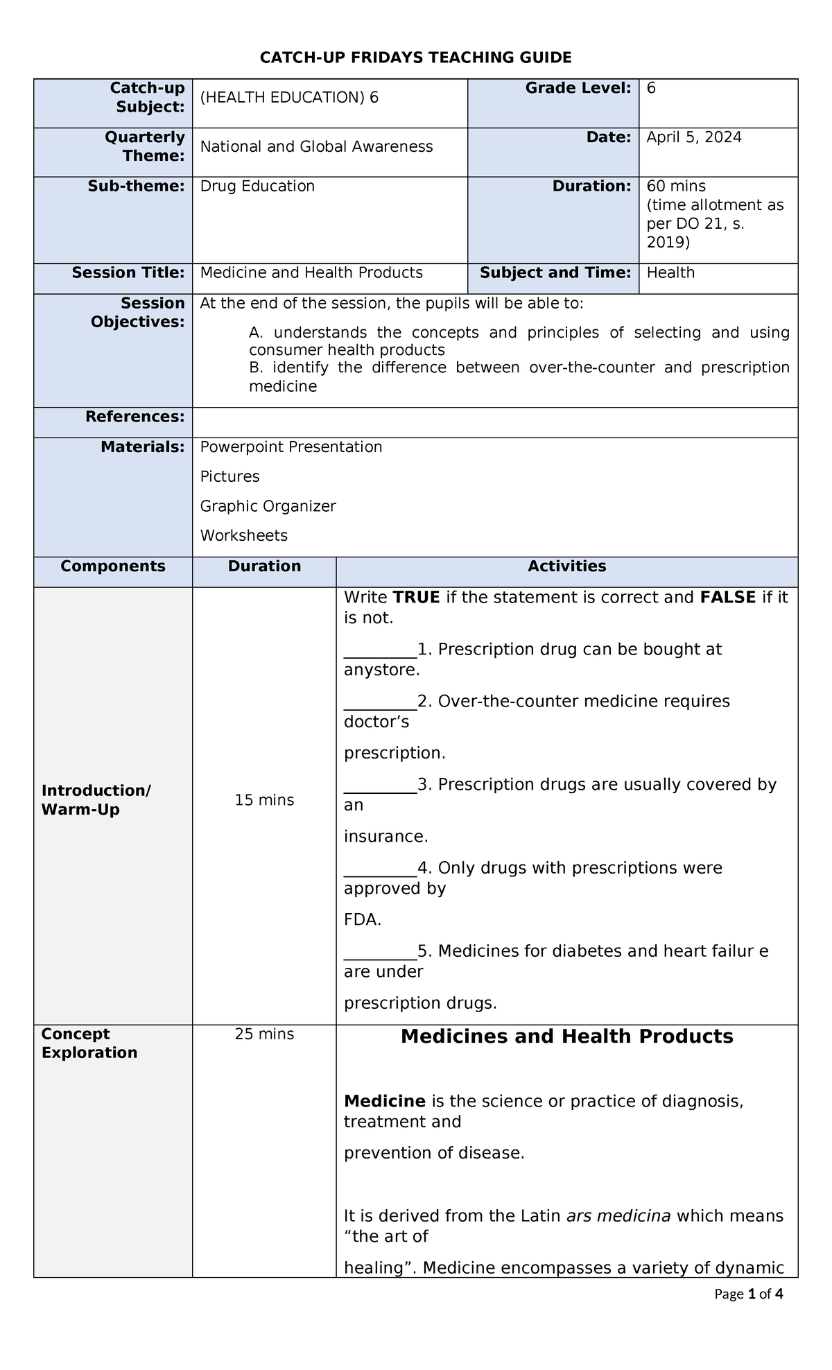 Grade 6 Health Peace ED Catch UP Friday - Catch-up Subject: (HEALTH ...