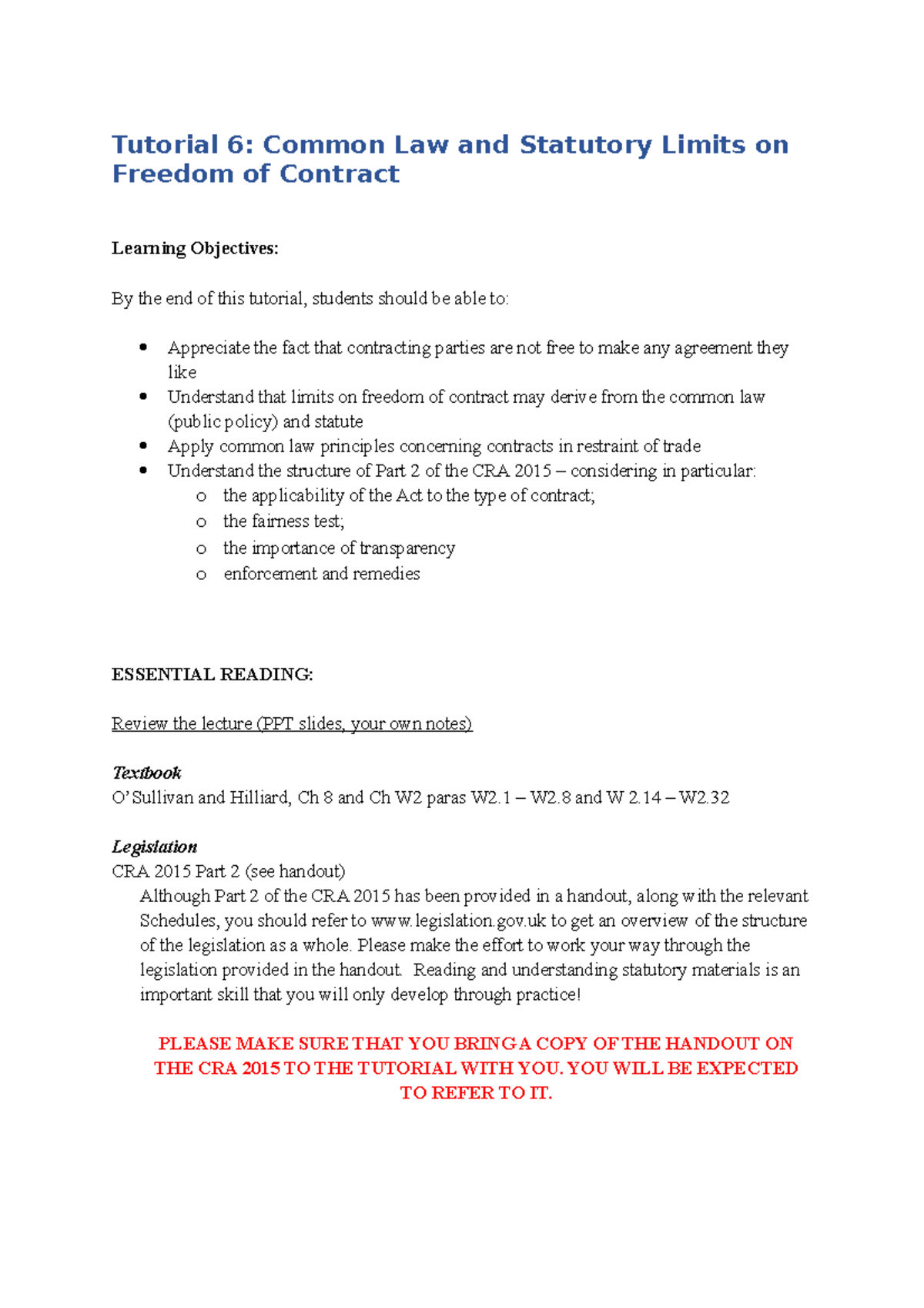Tutorial 6 - covenants - Tutorial 6: Common Law and Statutory Limits on ...