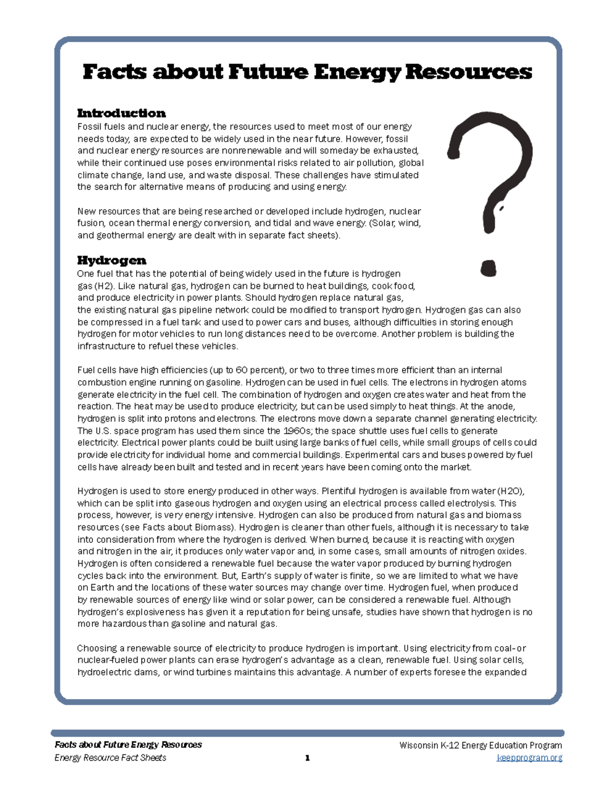 Facts About Future Energy Resources - 1 Wisconsin K-12 Energy Education ...