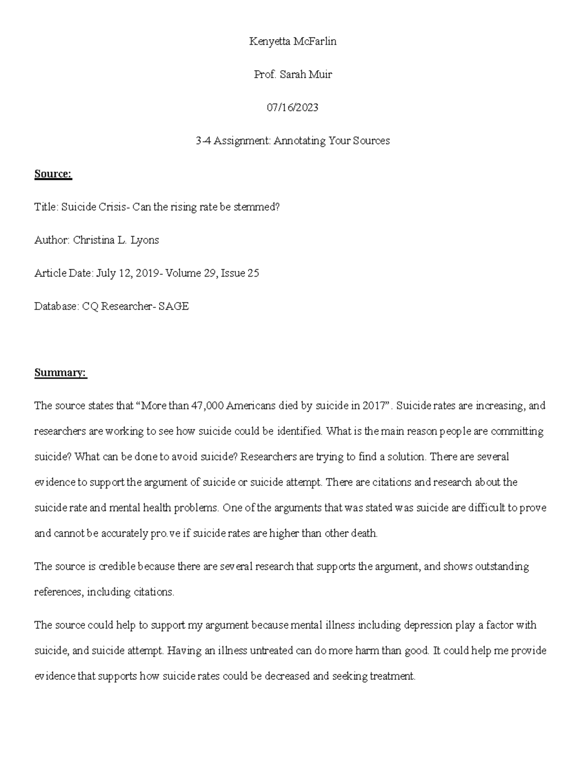 3-4 Assignment- Annotating Your Sources - Kenyetta McFarlin Prof. Sarah ...