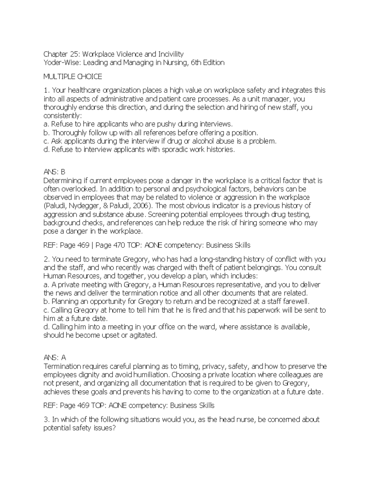 Chapter 25 - questions and answers - Chapter 25: Workplace Violence and ...