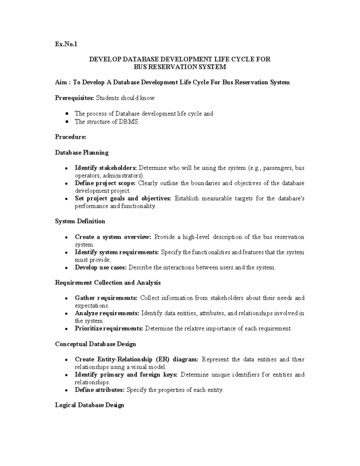DBMS Lab Manual - Ex. DEVELOP DATABASE DEVELOPMENT LIFE CYCLE FOR BUS RESERVATION SYSTEM Aim ...