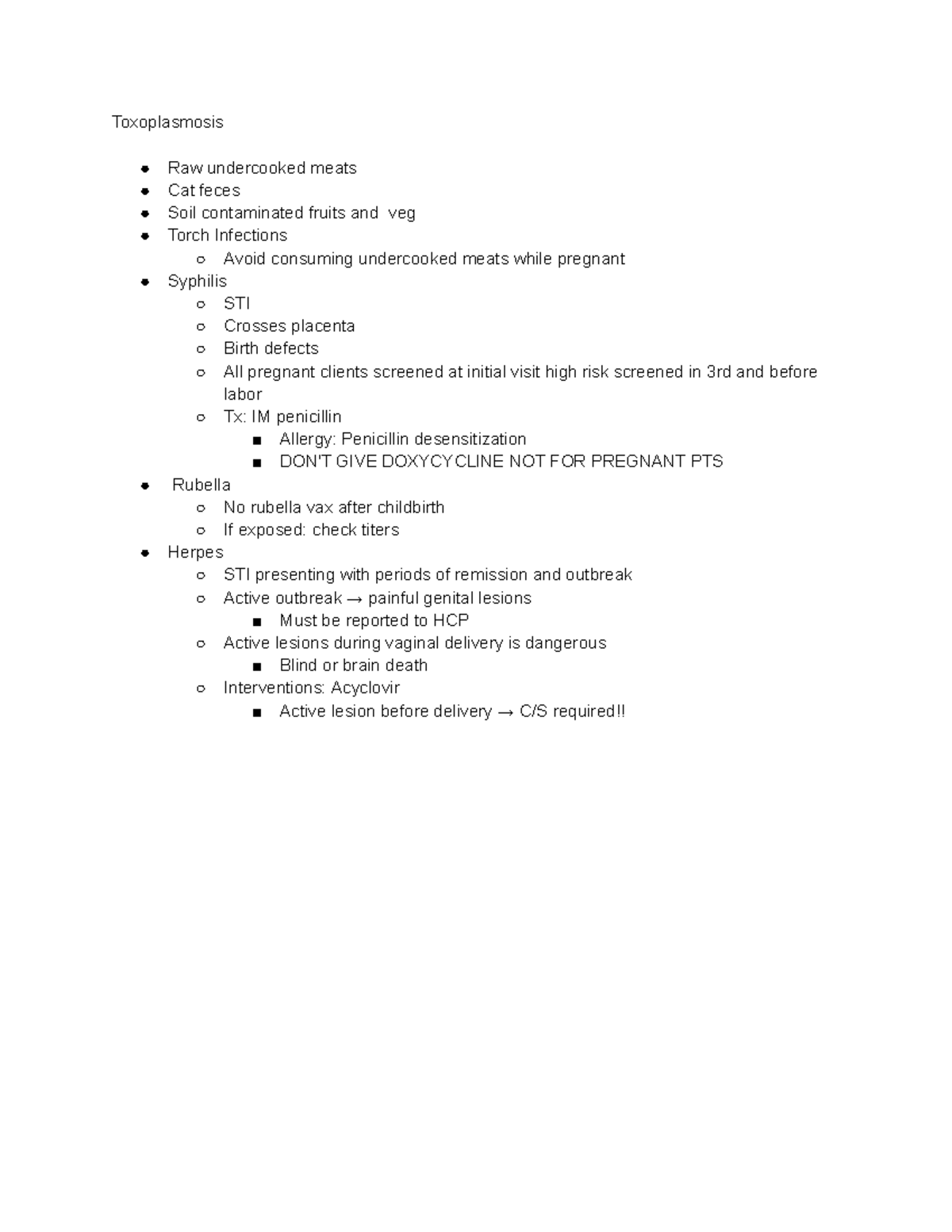 OB- Torch, STIs and HIV Notes - Toxoplasmosis Raw undercooked meats Cat ...