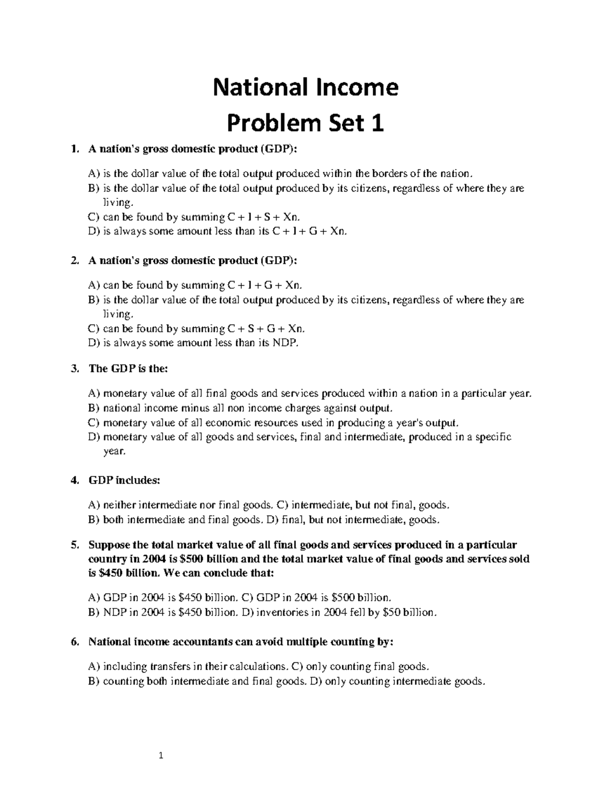 National income accounting Problem Set - National Income Problem Set 1 ...