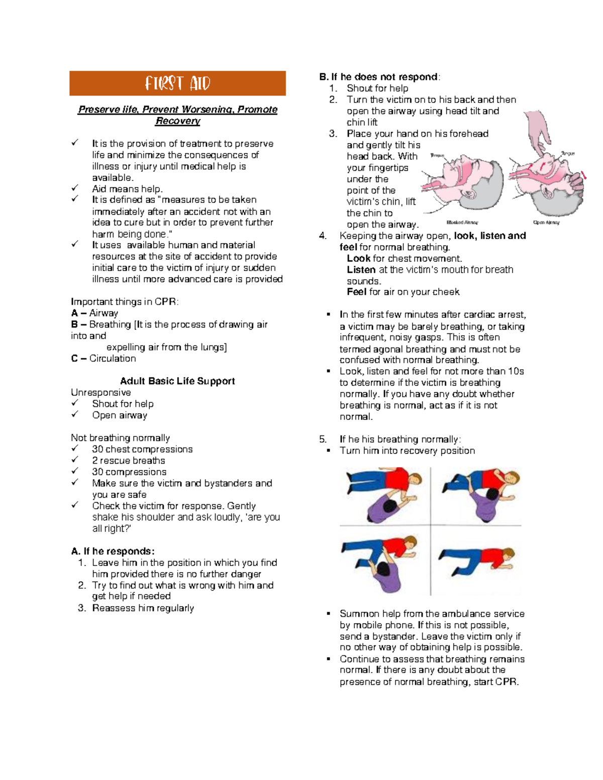 First aid - First aid Preserve life, Prevent Worsening, Promote ...