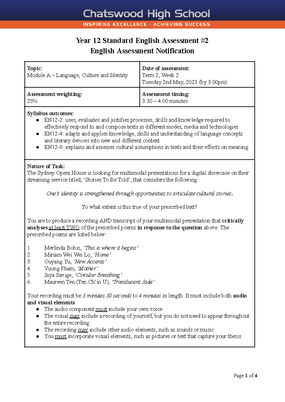 Module A Assessment Notification 2023 - Year 12 Standard English ...