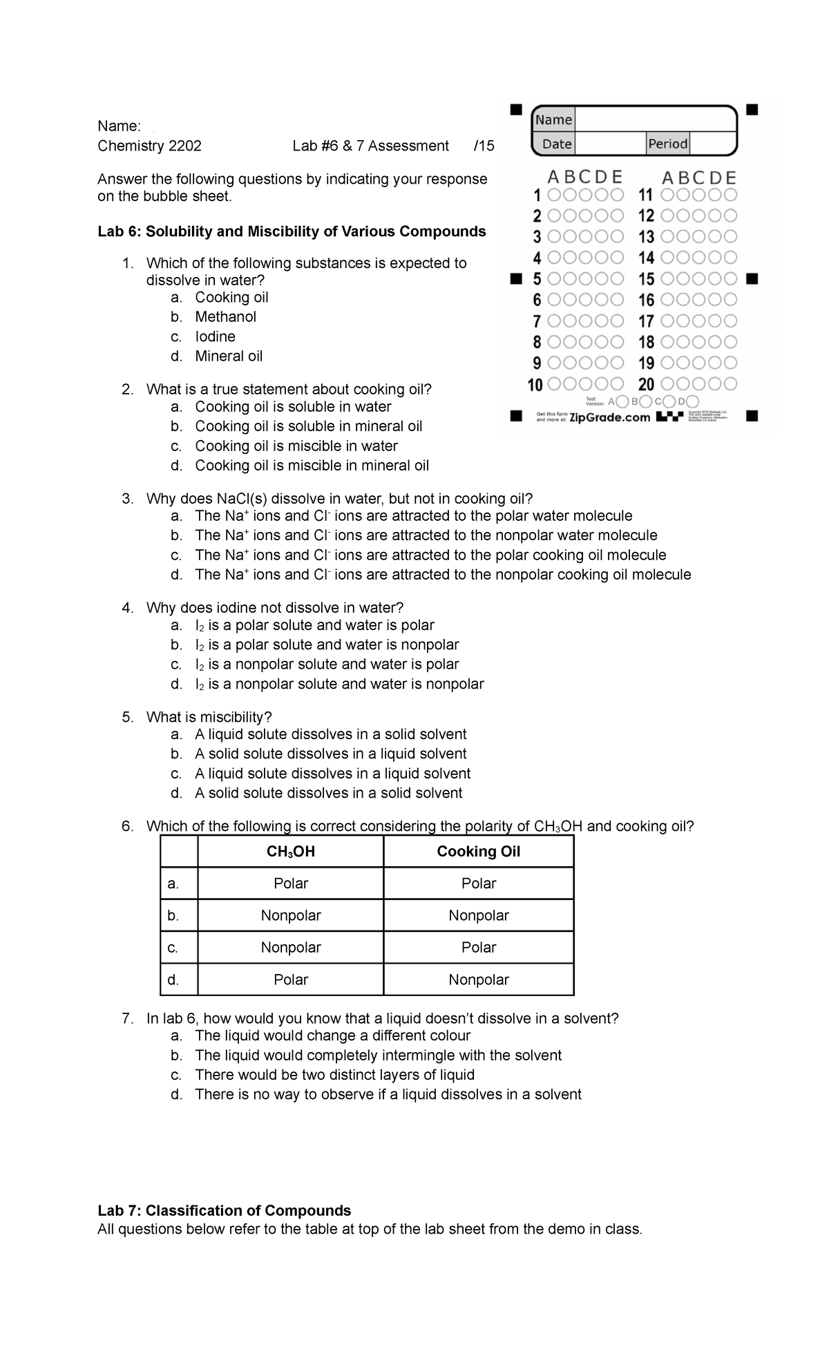Chem 2202 Lab #6 Assessment Stoichiometry - Name: Chemistry 2202 Lab #6 ...