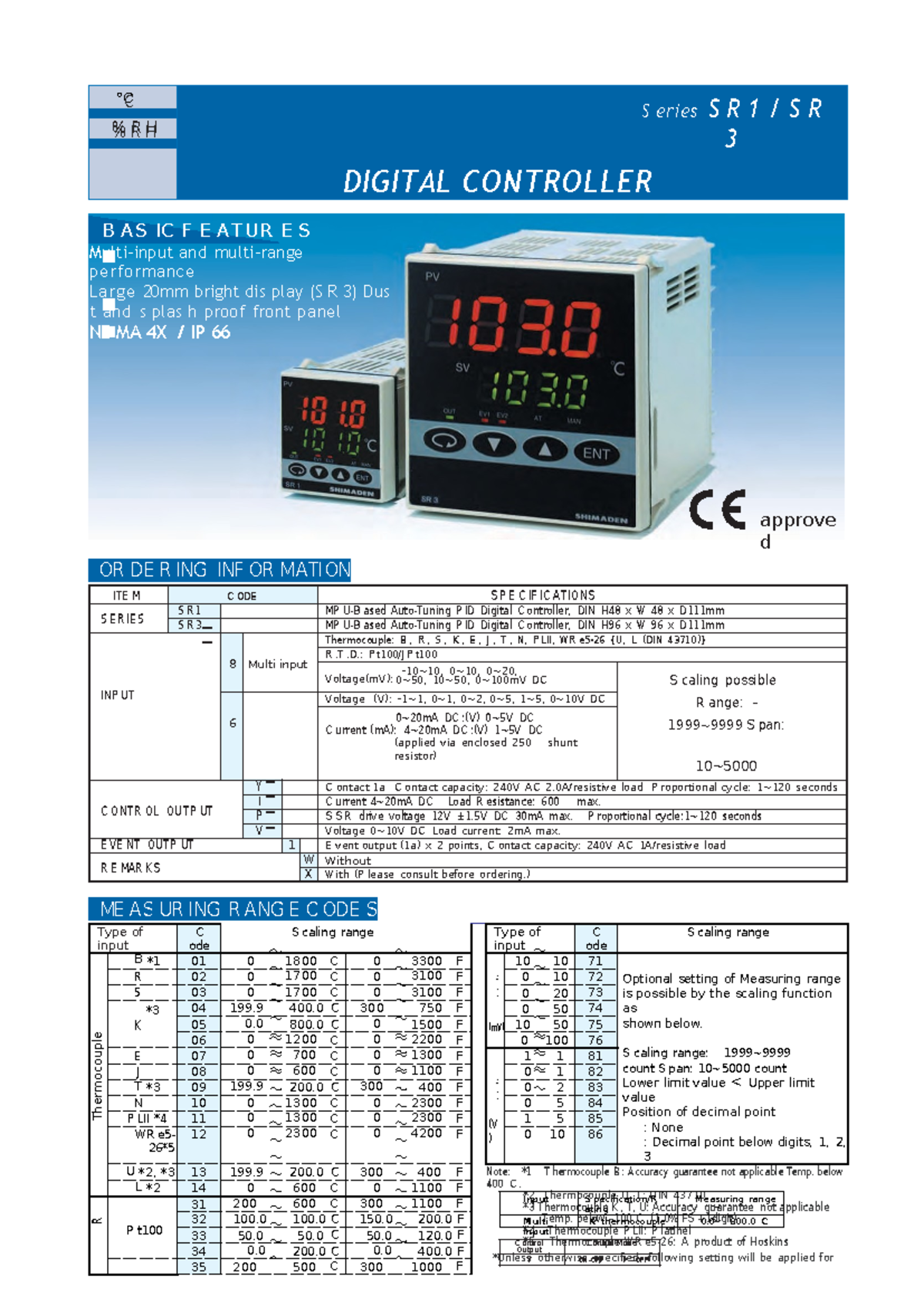 Shimaden-pid-controller - Volt Volt B AS IC F E ATUR E S Multi-input and multi-range performance ...