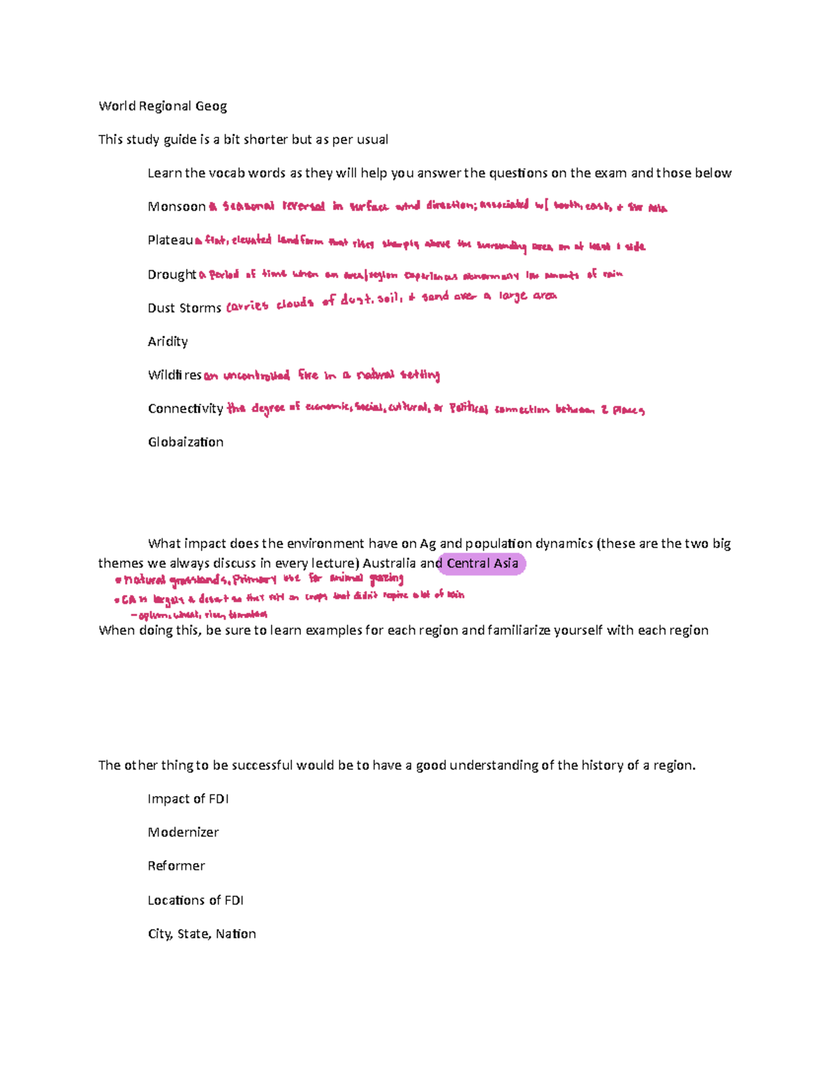 Study+Guide+Exam+3+ SE Asia Aus C Asia - World Regional Geog This study ...