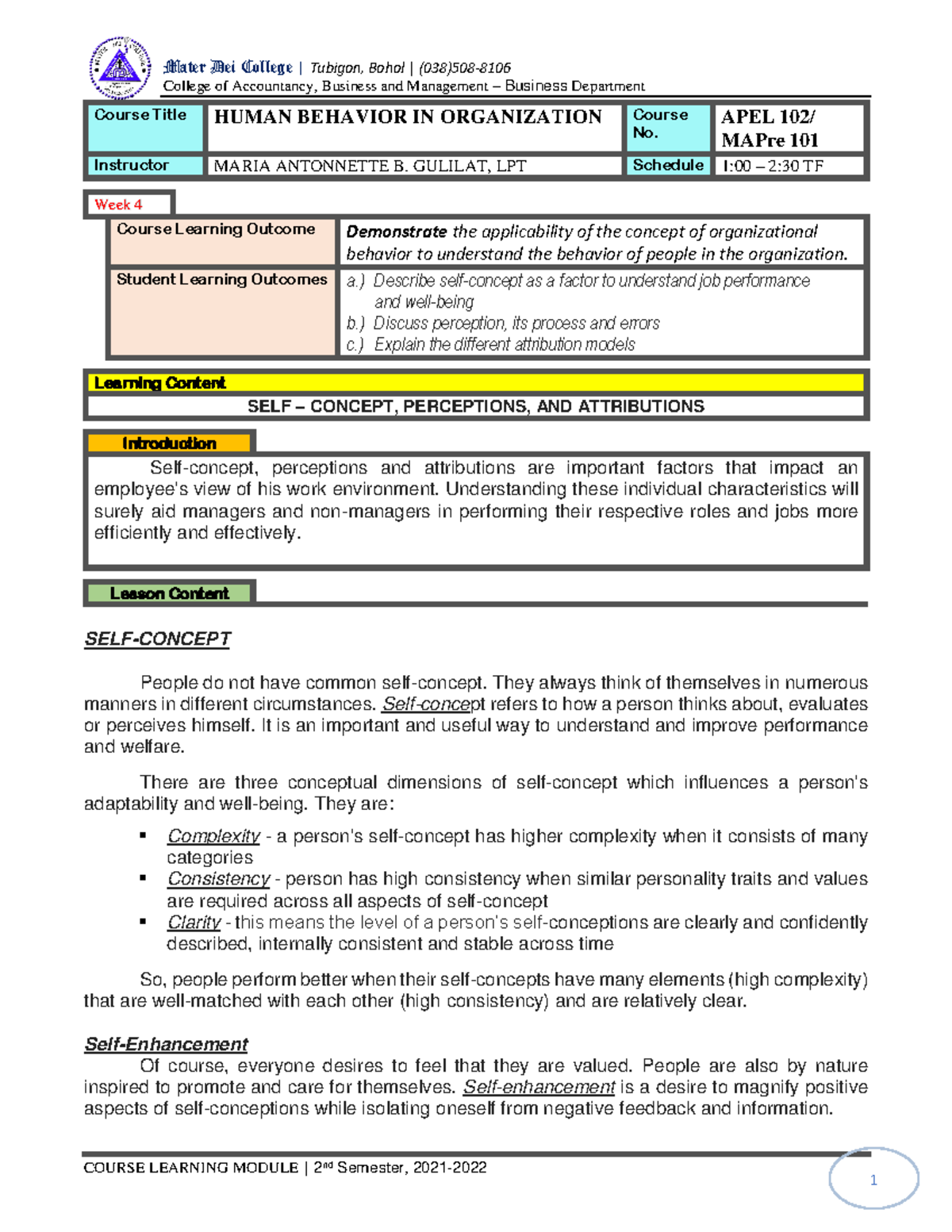 Human Behavior in Organization Learning Module Week 4 - Mater Dei ...