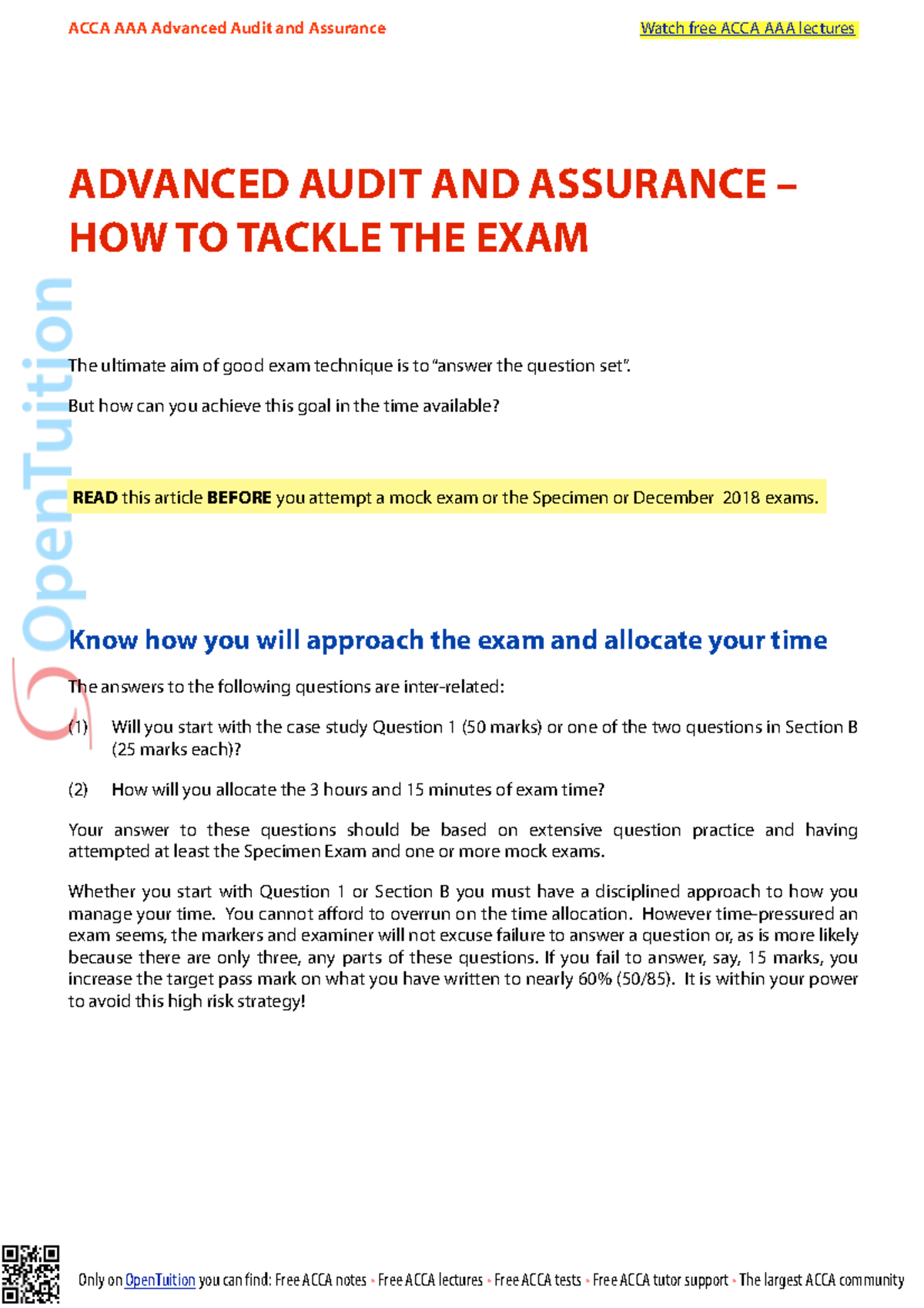 Advanced Audit and Assurance – How to tackle the exam - 1 ADVANCED ...