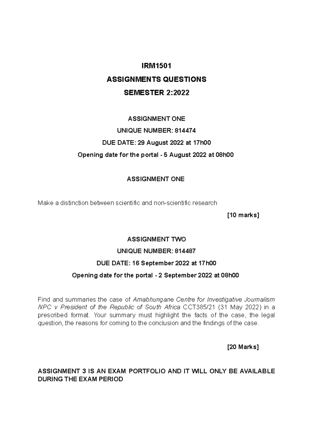 Assignment questions semester 2 2022 - IRM ASSIGNMENTS QUESTIONS SEMESTER 2: ASSIGNMENT ONE ...