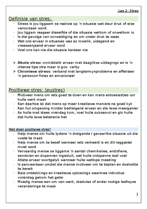 Opsomming - Les 2: Stres Definisie van stres: Stress is jou liggaam se ...