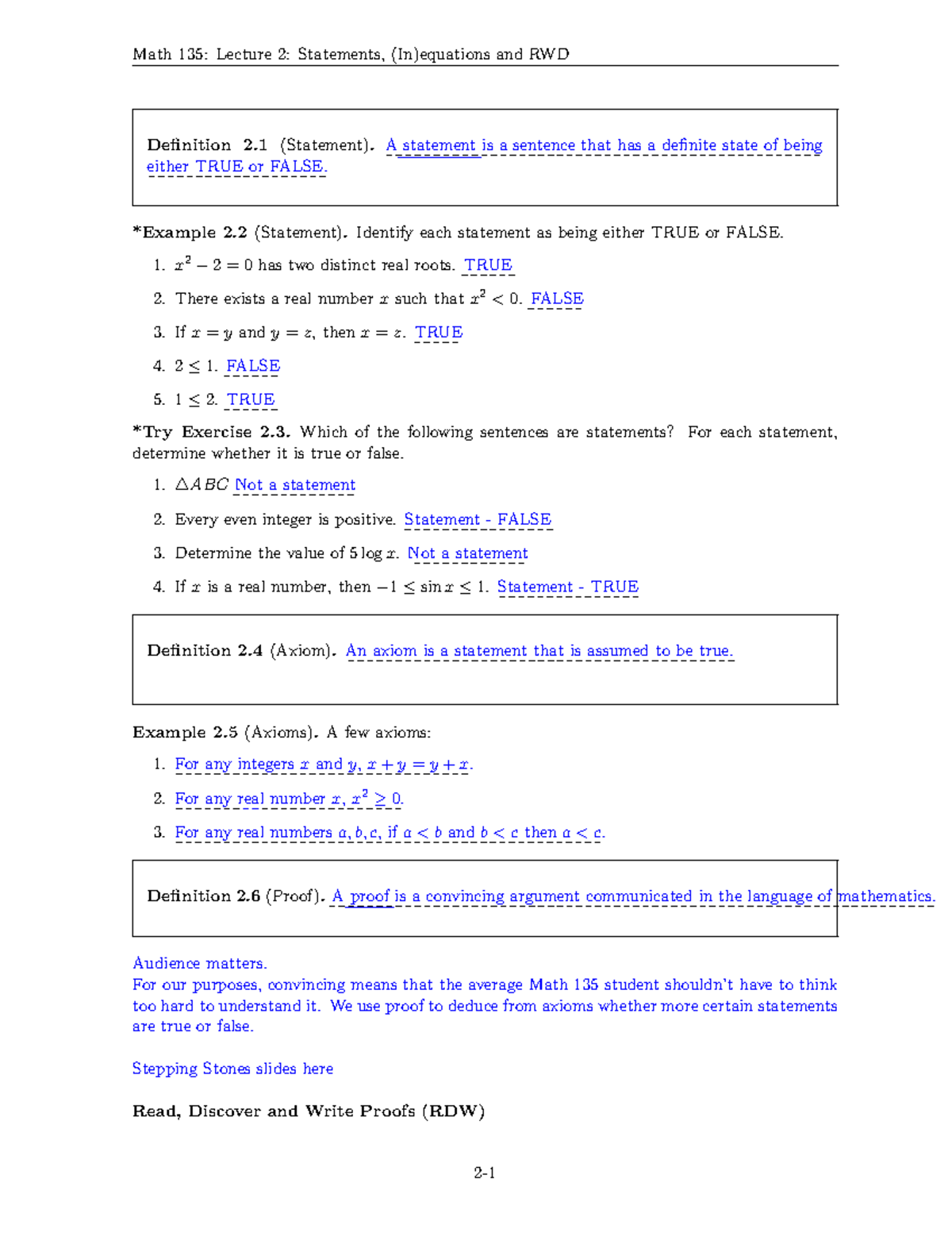 Week01 Instructor Notes - Math 135: Lecture 2: Statements, (In ...