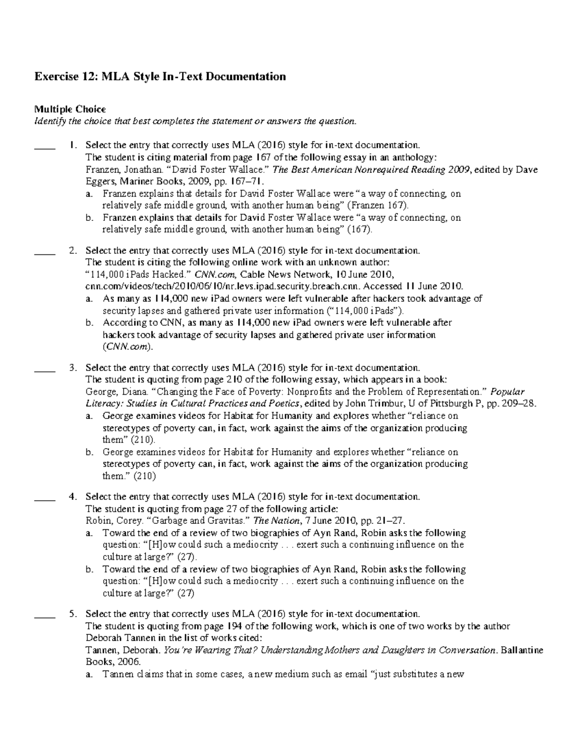 Exercise 12 - MLA In-Text Documentation - Exercise 12: MLA Style In-Text Documentation Multiple ...