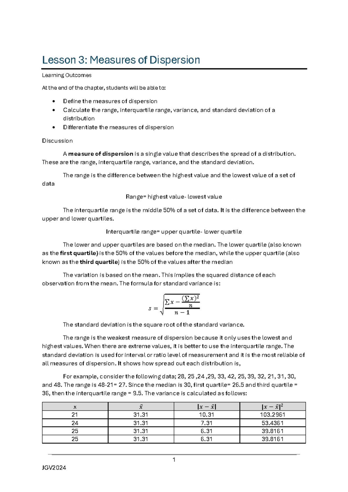 Lesson 3. Measures of Dispersion - 1 JGV Lesson 3 : Measures of ...