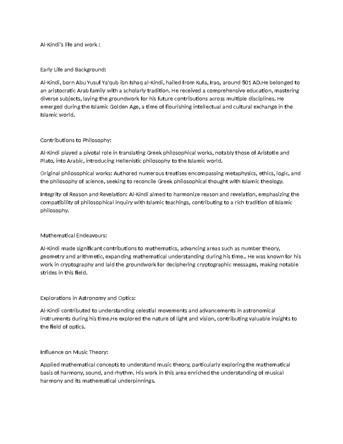 Al-Kindi short - Al-Kindi's life and work : Early Life and Background ...