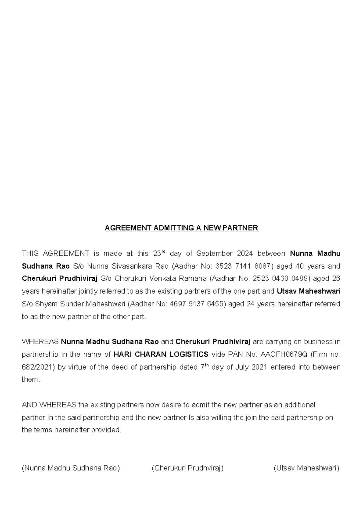 Admitting-a-New-Partner- HCL - AGREEMENT ADMITTING A NEW PARTNER THIS ...