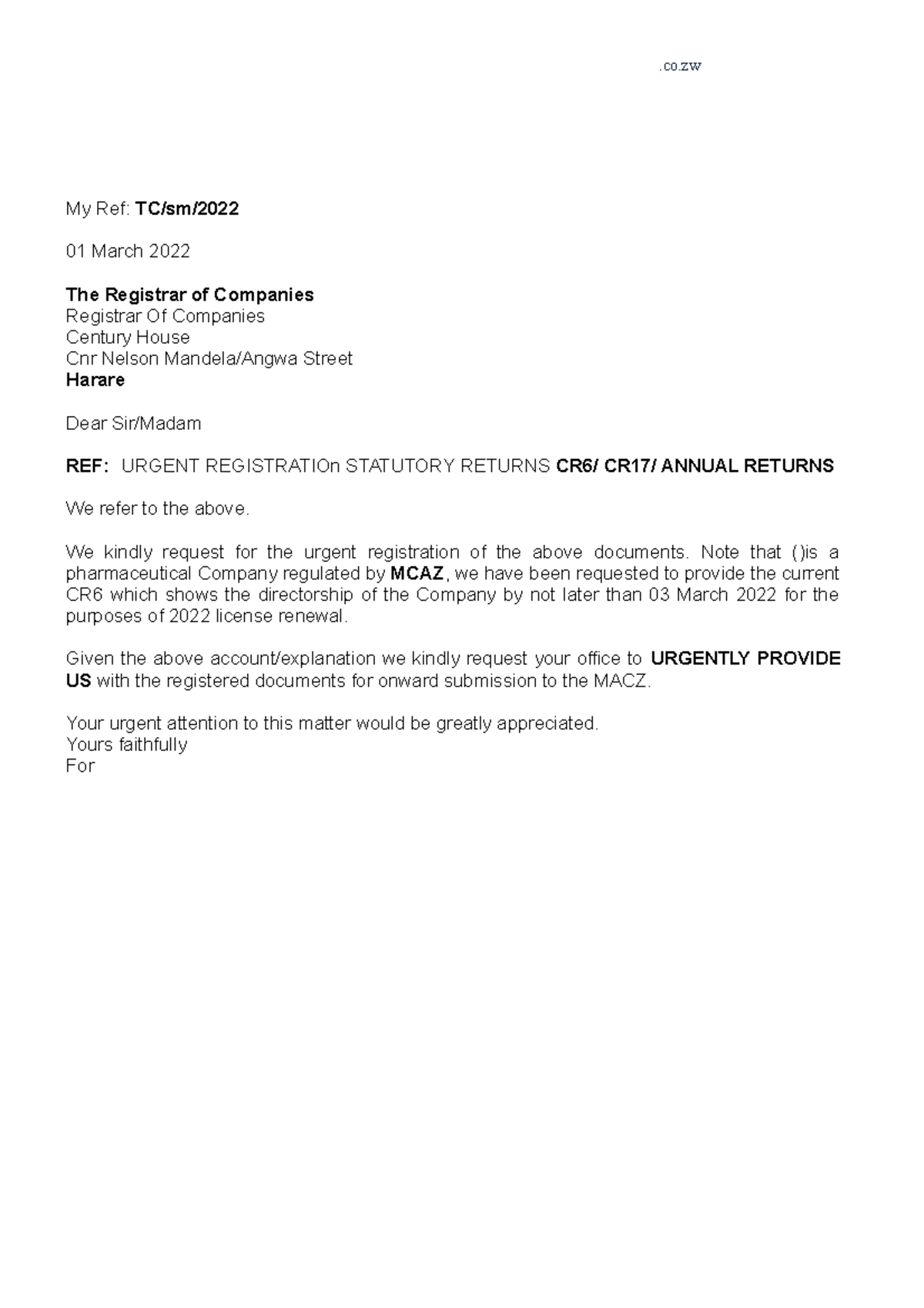 Registrar of companies letter - My Ref: TC/sm/ 01 March 2022 The ...