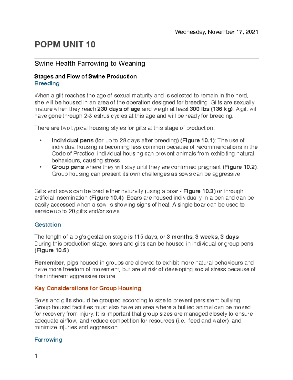 Popm Unit 10 Lecture Notes Popm Unit 10 Swine Health Farrowing To Weaning Stages And Flow Of 