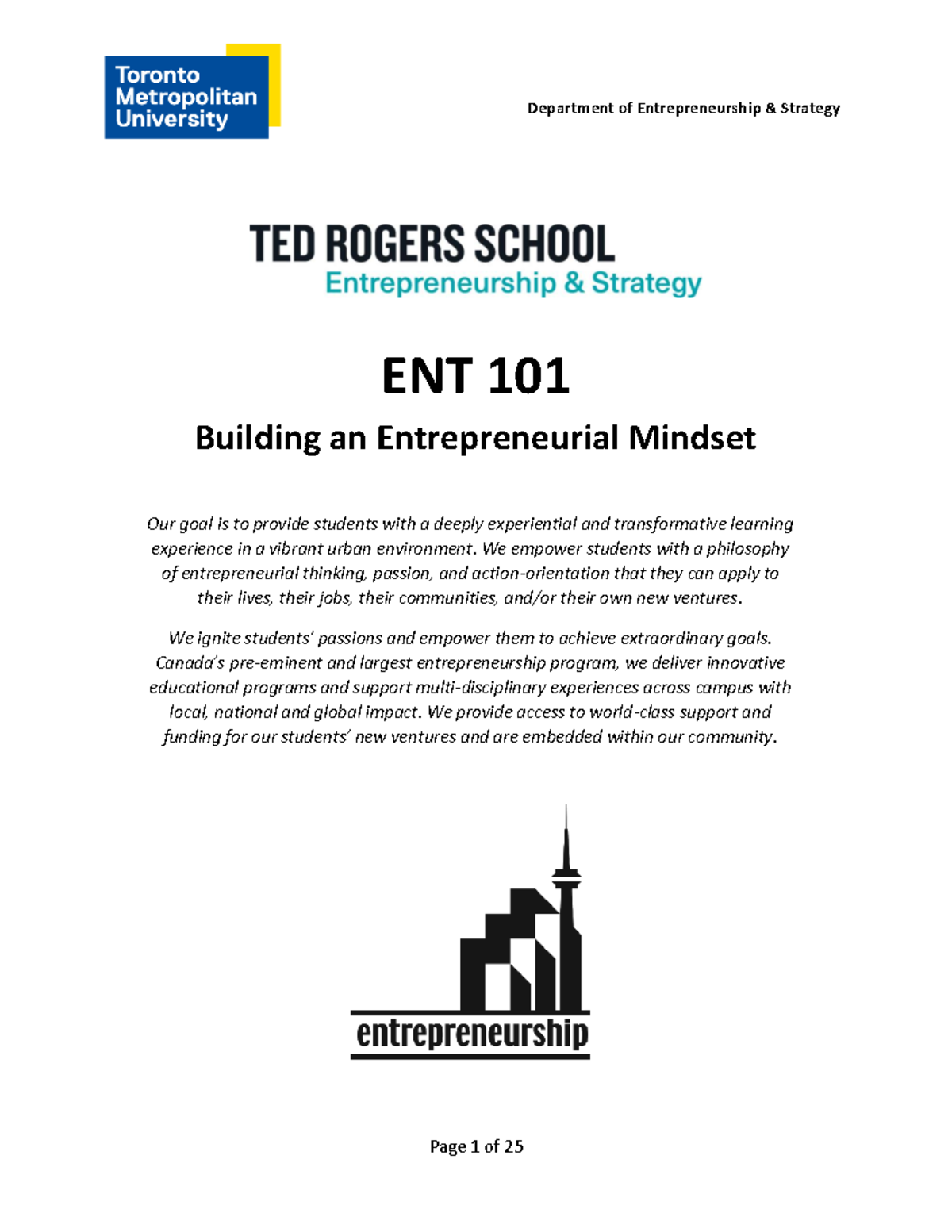 ENT 101 Course Outline 16Aug2023 - ENT 101 Building an Entrepreneurial ...