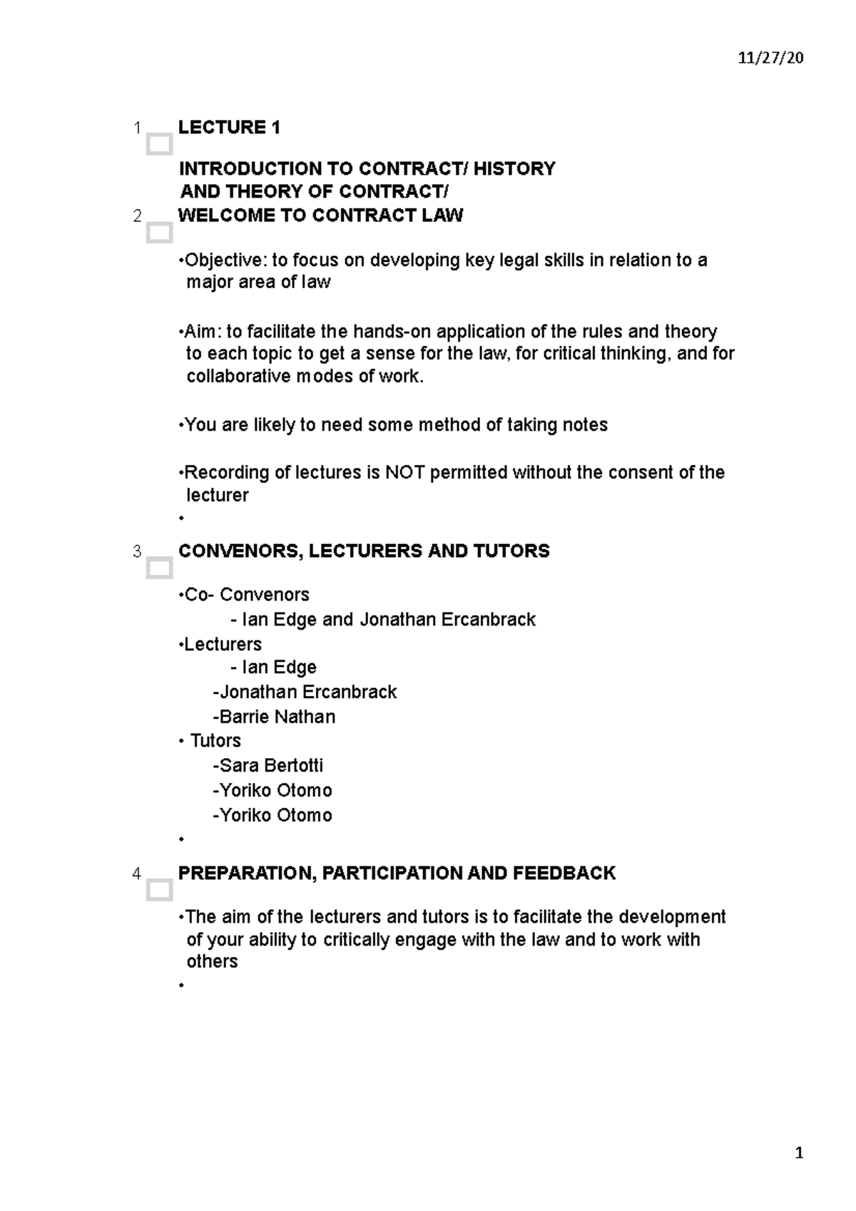 L1 Intro to contract - Notes from lecture - 1 LECTURE 1 INTRODUCTION TO ...