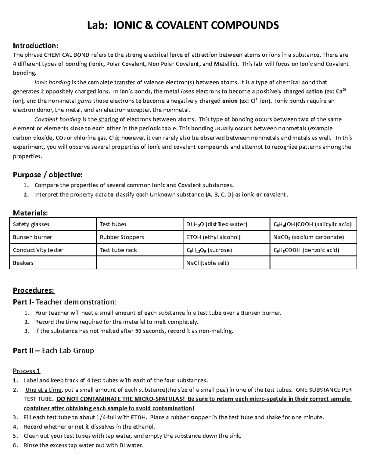 Ionic Covalent LAB - lab report - Lab: IONIC & COVALENT COMPOUNDS Introduction: The phrase - Studocu
