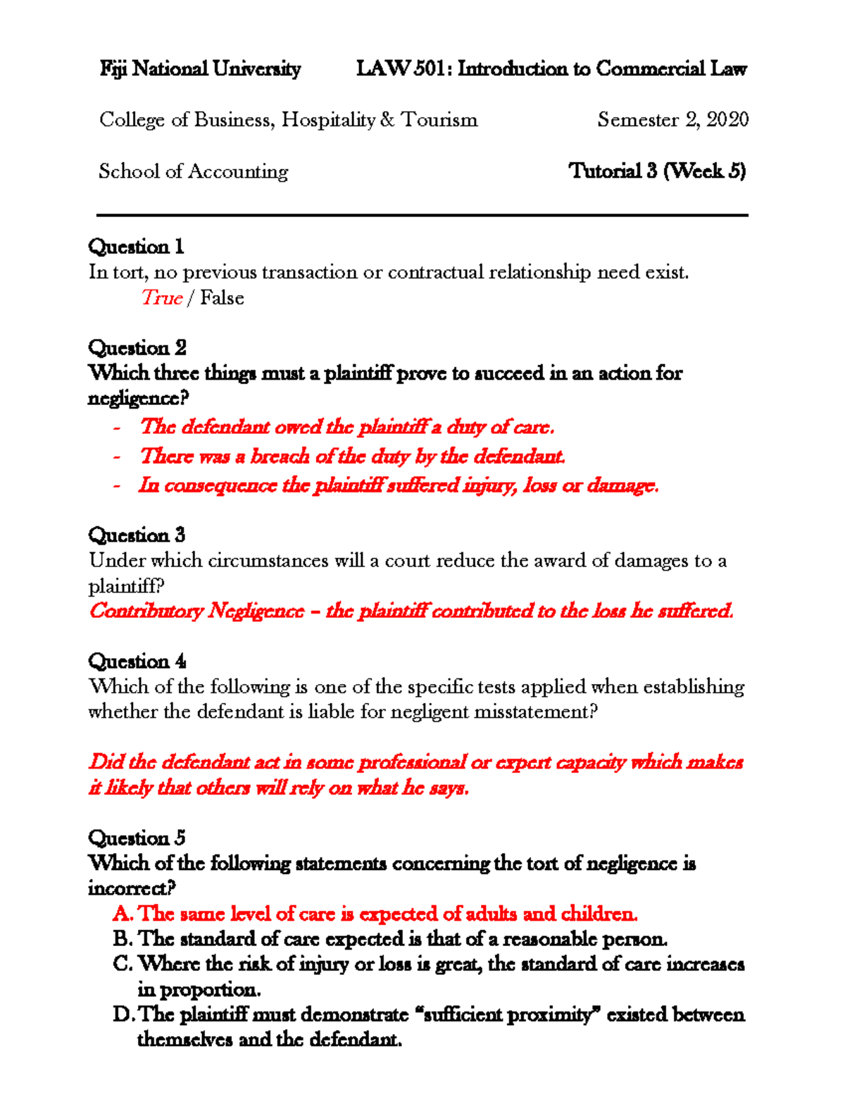 Tutorial 3 Solution - Fiji National University LAW 501: Introduction to Commercial Law College ...