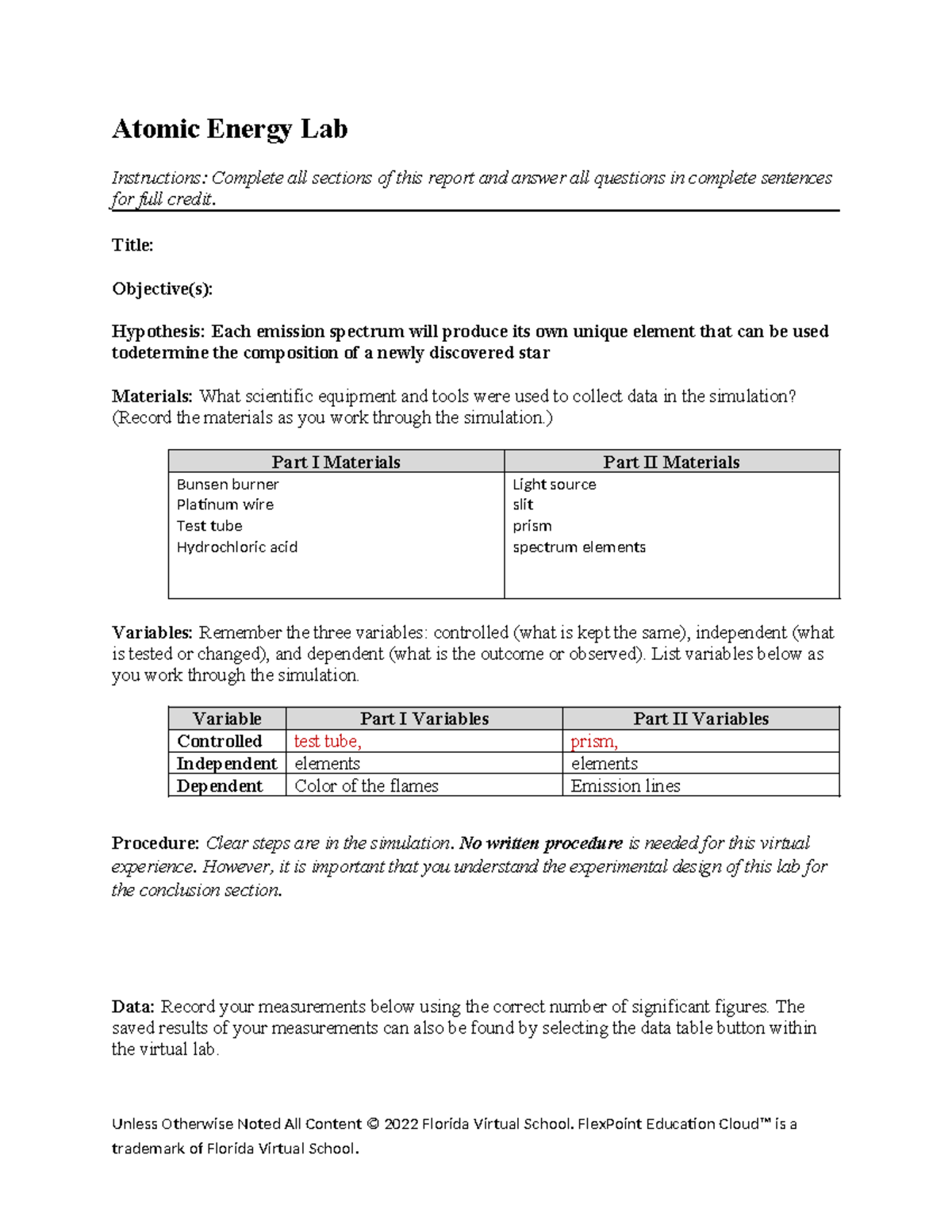 Atomic energy lab - Lab - Atomic Energy Lab Instructions: Complete all ...