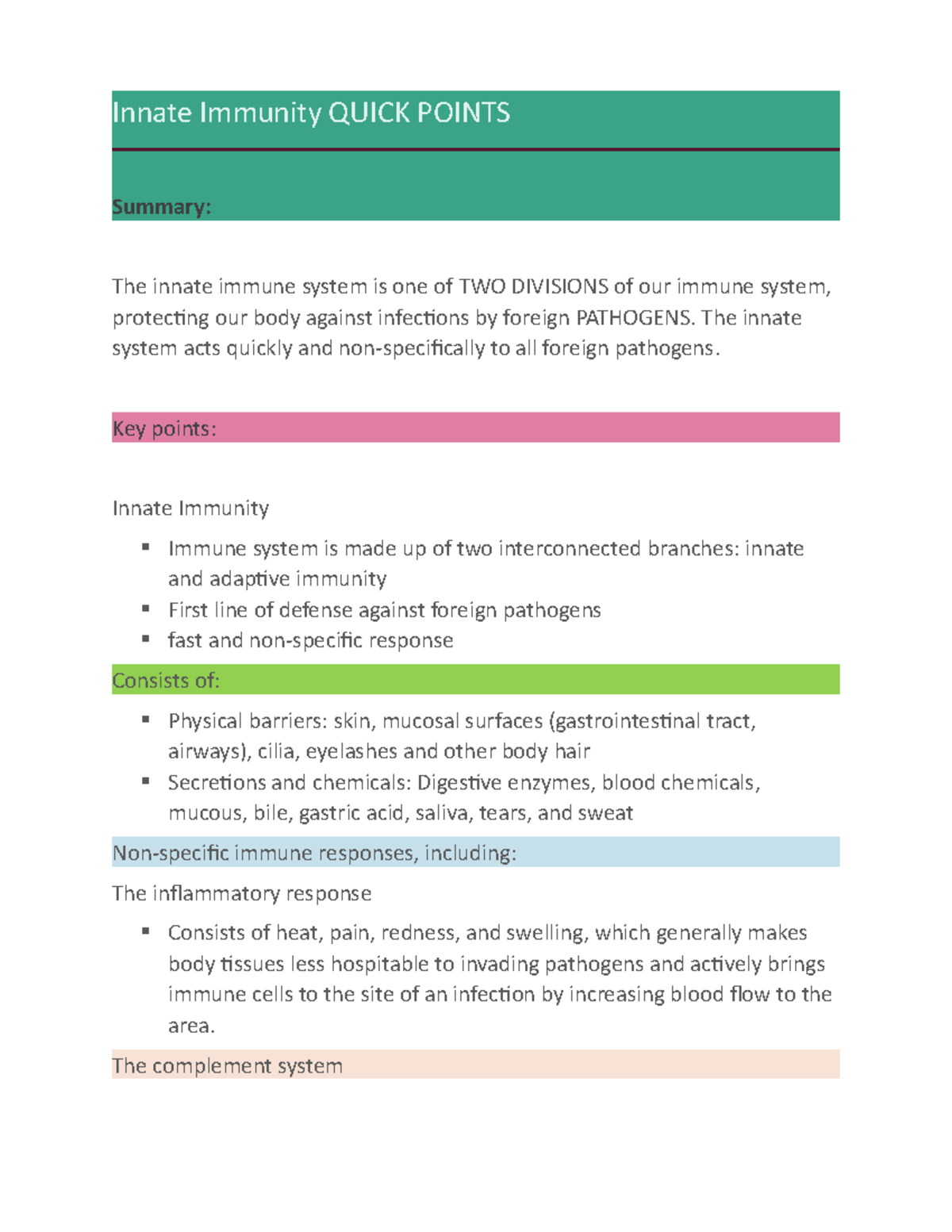 Innate Immunity Quick Points - Innate Immunity QUICK POINTS Summary ...