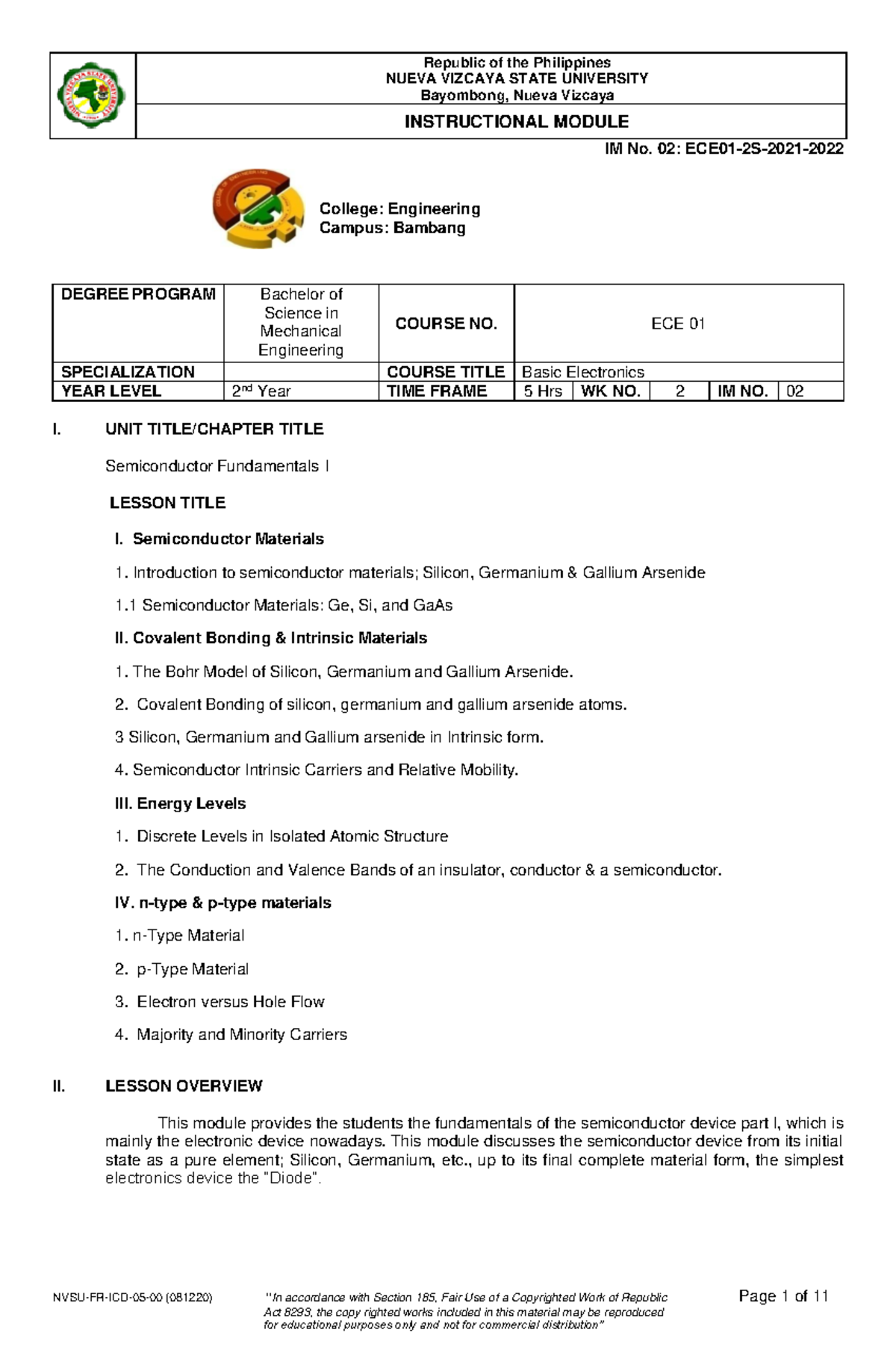 IM02-Basic Electronics Wk 2 - NUEVA VIZCAYA STATE UNIVERSITY Bayombong ...