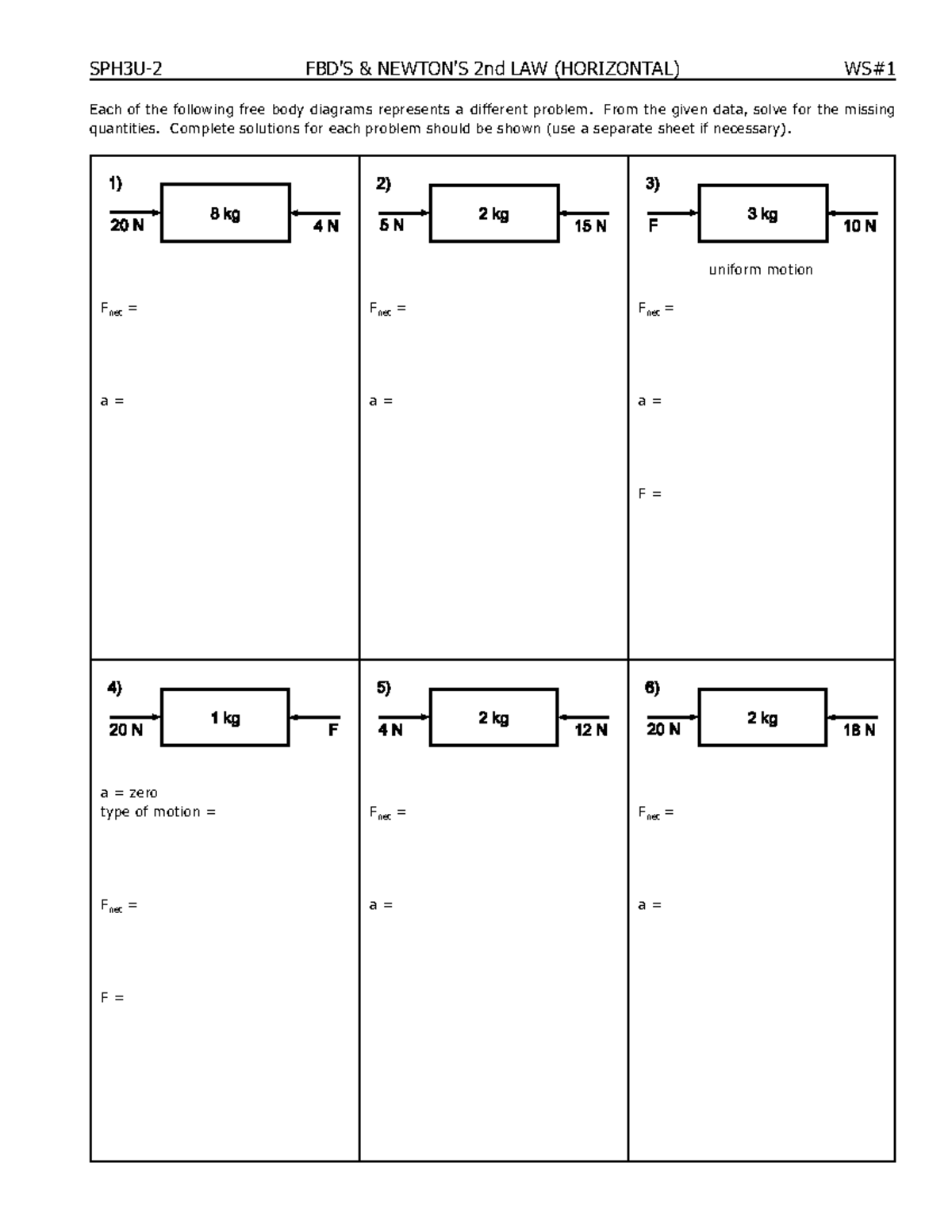 3u2 - ws1 2nd law - horizontal - SPH3U-2 Each of the following free ...