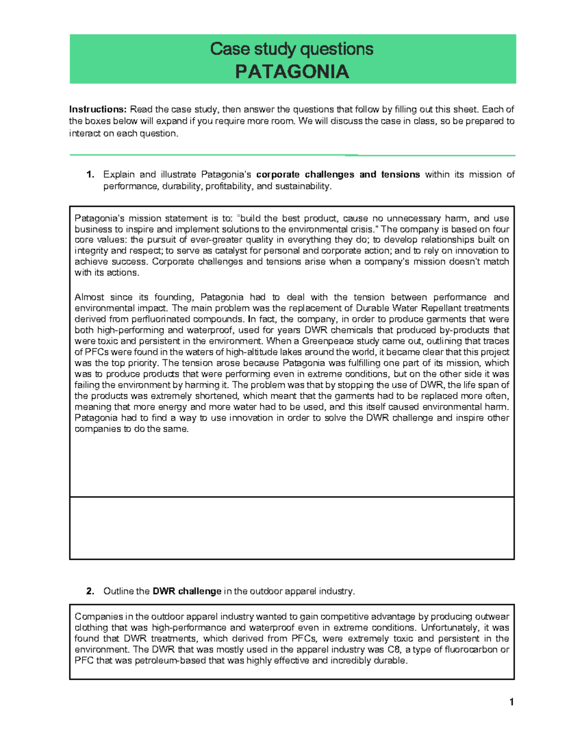 Patagonia Case BUSINESS STRATEGY - 1 Instructions: Read the case study ...