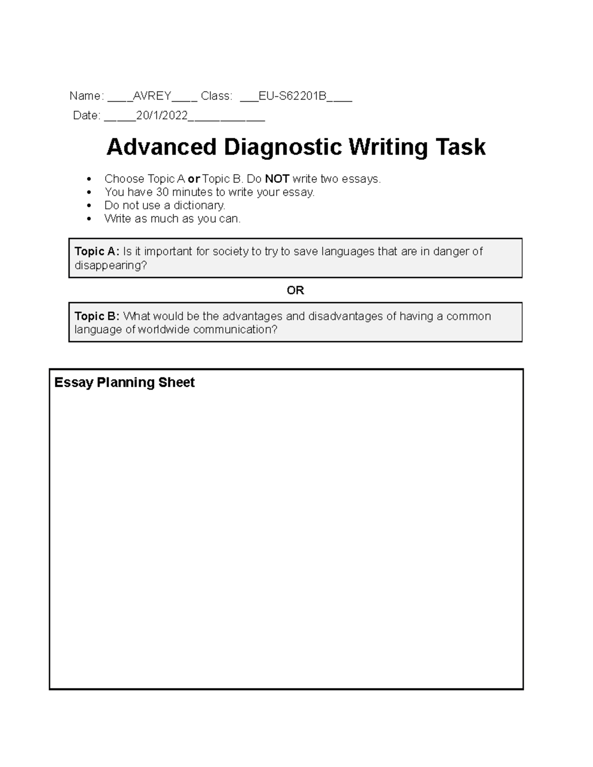 Diagnostic Writing - RMIT EU - Name: AVREY Class: EU-S62201B_ Date: 20 ...