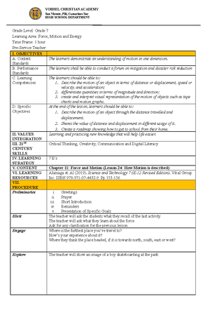 Motion, Acceleration Grade 7 Lesson Plan - YOBHEL CHRISTIAN ACADEMY San ...