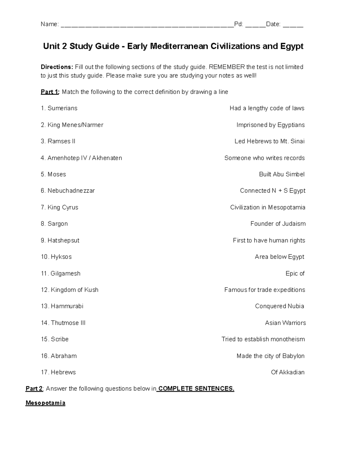 Unit 2 Study Guide 24 25 - ...... - Unit 2 Study Guide - Early ...