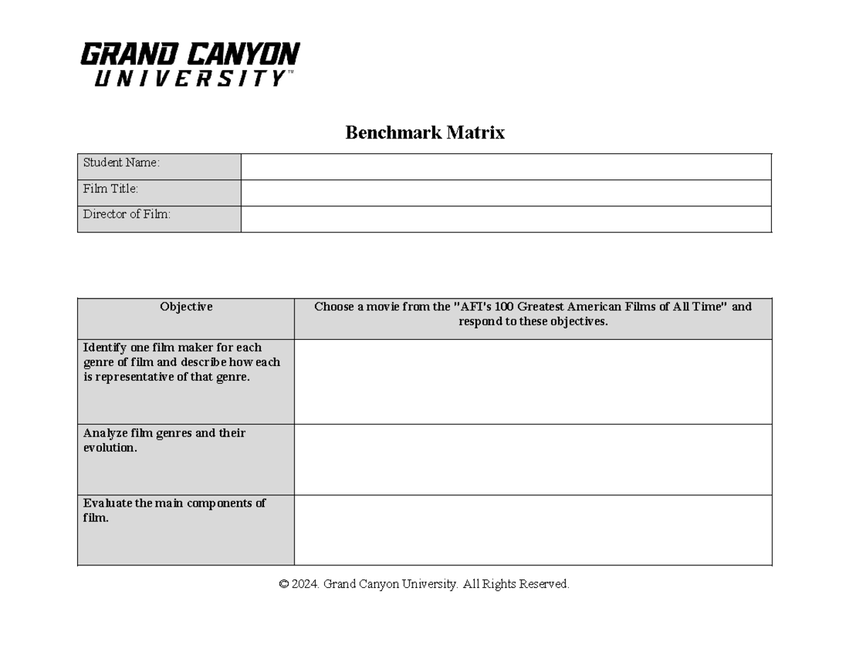 DFP 101 RS Benchmark Matrix - Benchmark Matrix Student Name: Film Title ...
