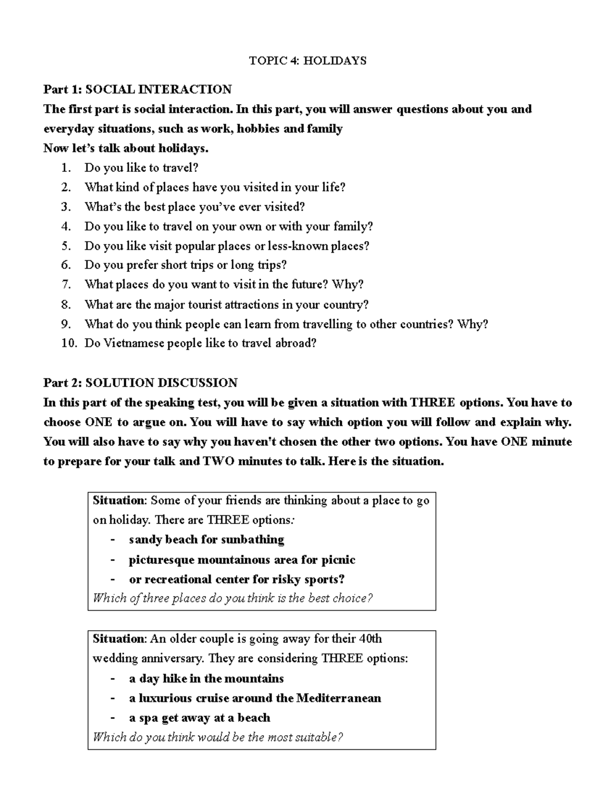 Speaking Topic 4 - Holidays - TOPIC 4: HOLIDAYS Part 1: SOCIAL ...