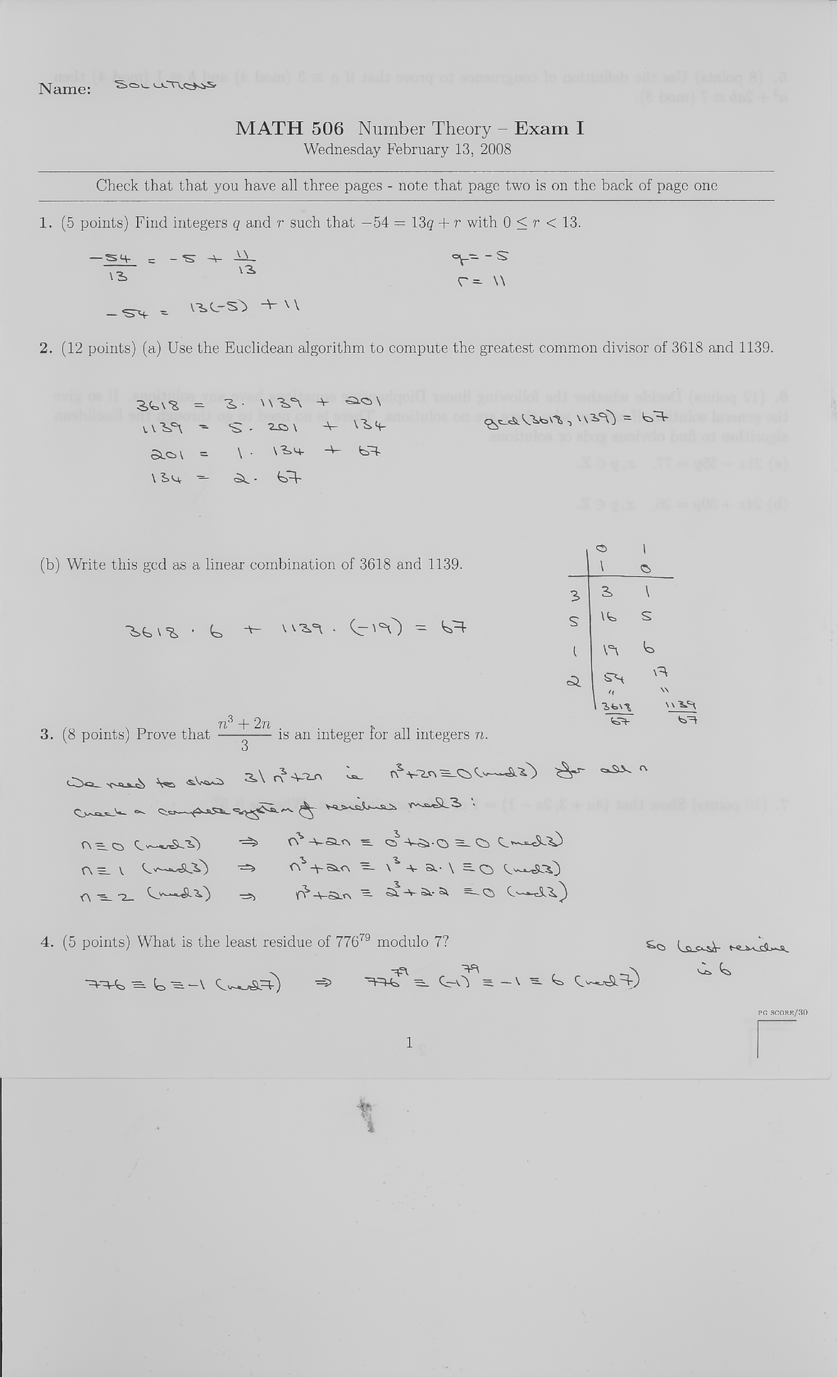 Exam 1 solution c IMP - Name: Seagpﬁ'ﬂms MATH 506 Number Theory — Exam ...